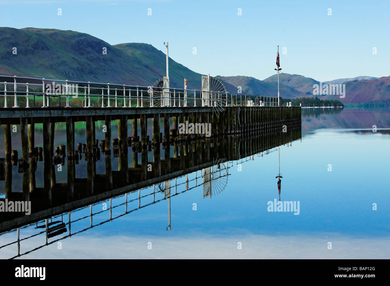 English Lake District at Pooley Bridge. A view of the jetty at which is ...