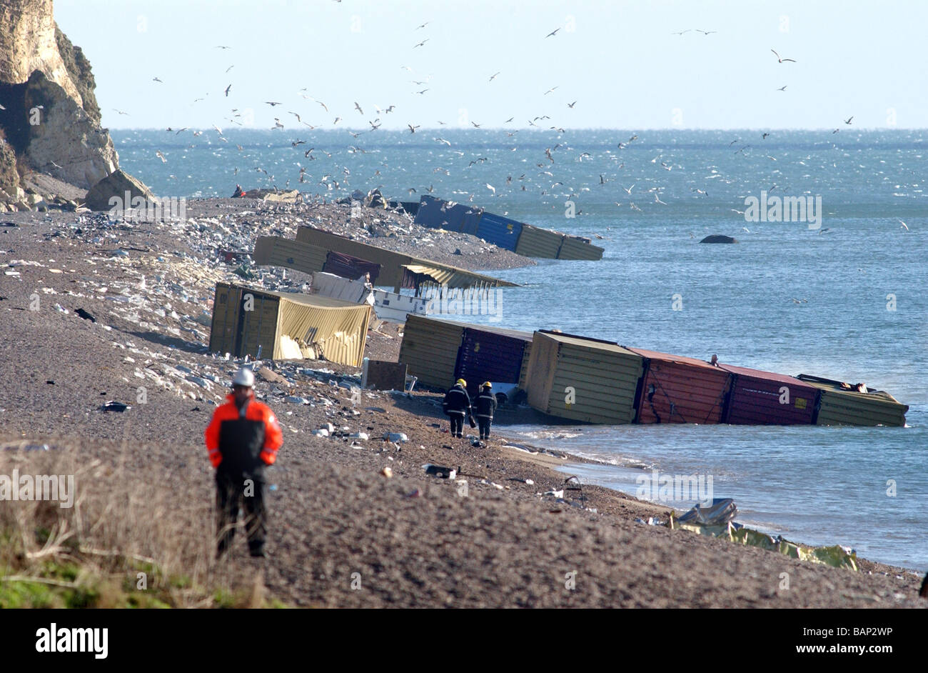 Branscombe Beach, Devon, after cargo washed up from the MSC Napoli ...