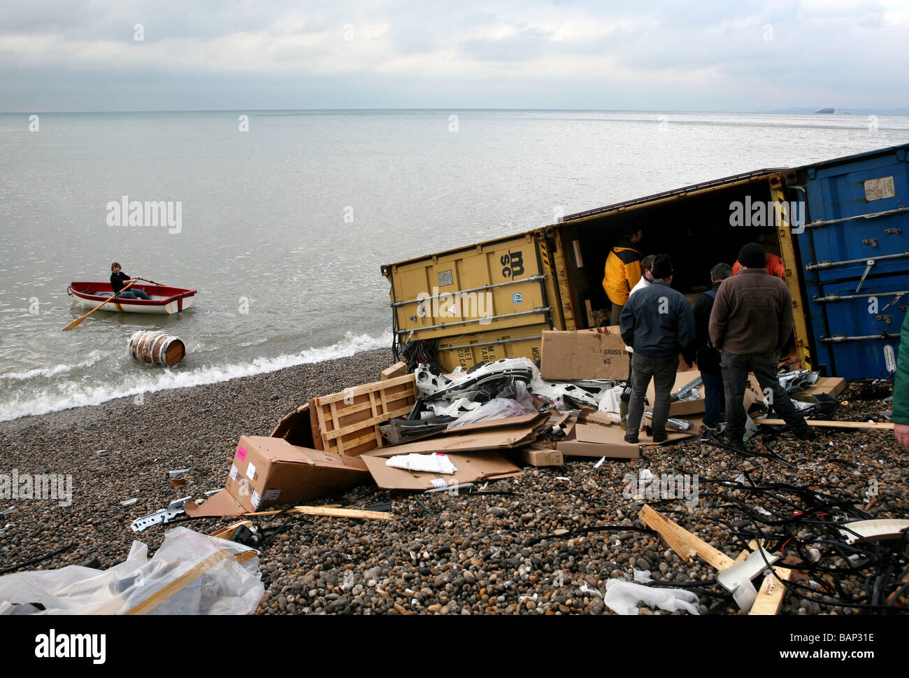 Branscombe Beach, Devon, after cargo washed up from the MSC Napoli ...