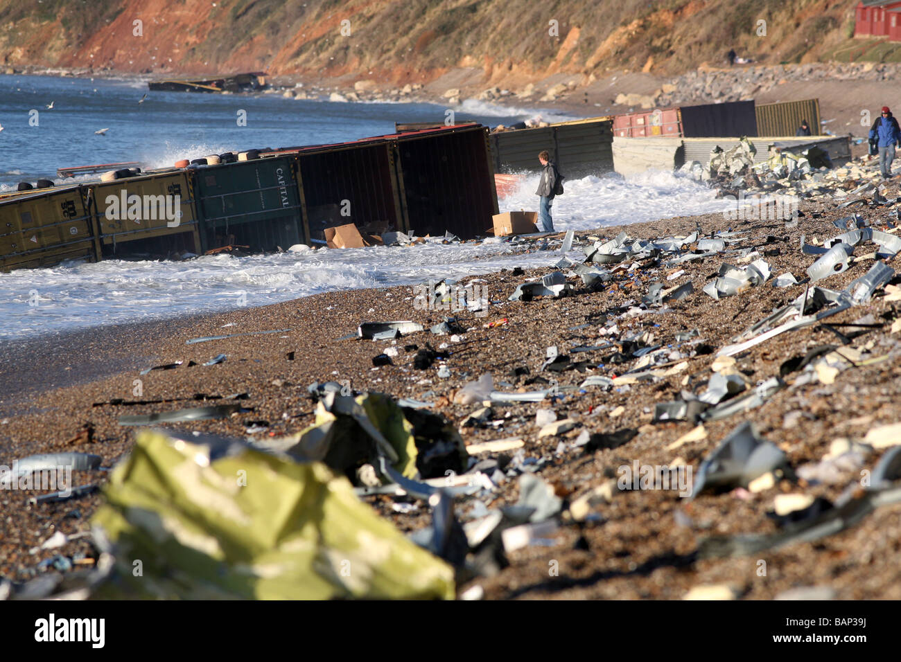 Branscombe Beach, Devon, after cargo washed up from the MSC Napoli ...