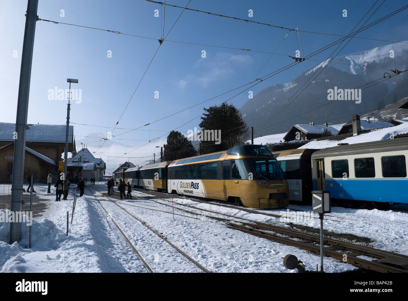 Golden Pass panoramic train in the station at Chateau d'Oex Switzerland ...