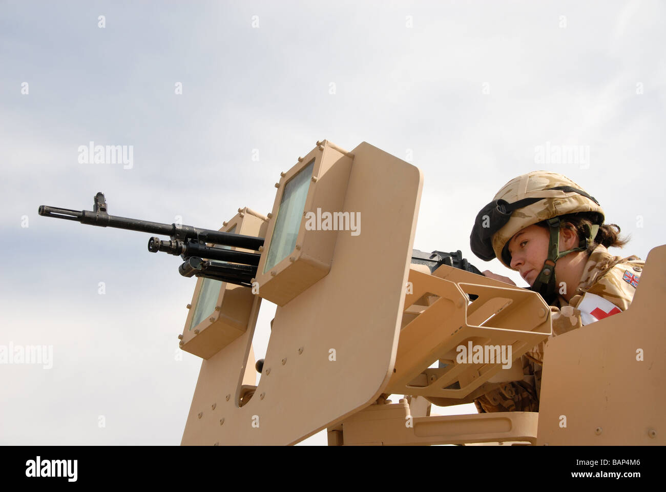 Basra British base COB UK MED group Female soldier with machine gun ...