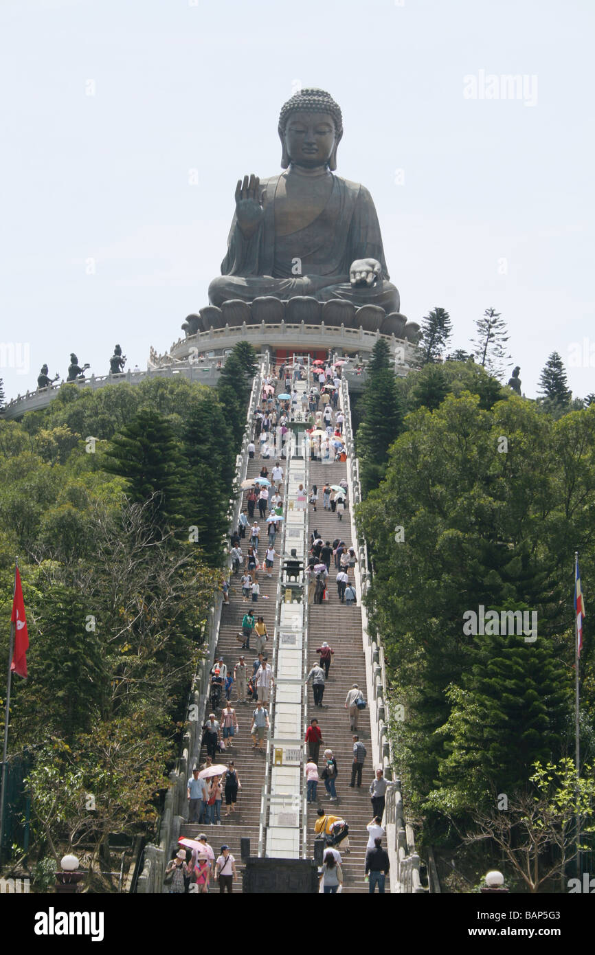 tourists climbing steps to Giant Buddha at Po Lin Monastery Lantau ...