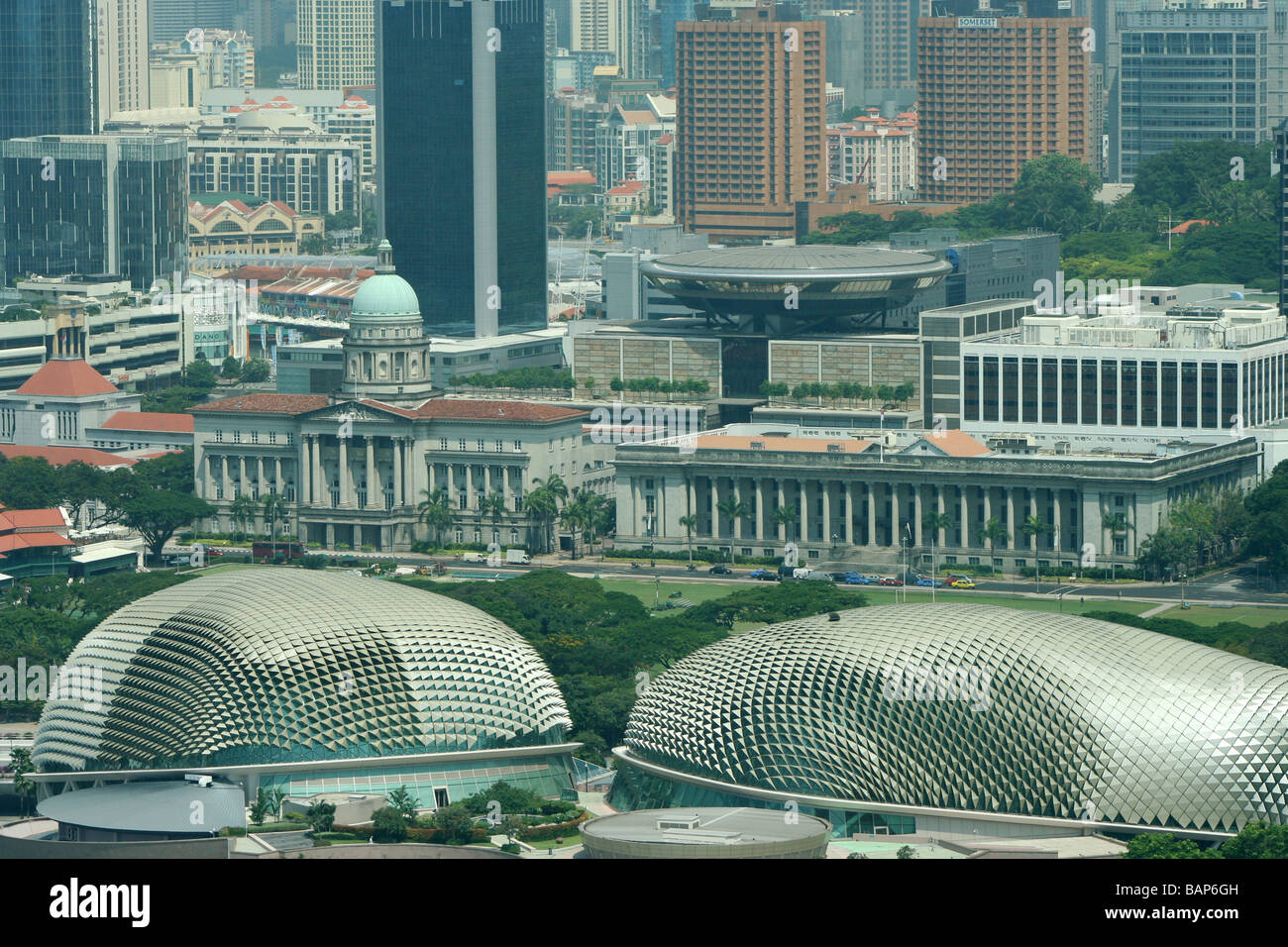 elevated view of Esplanade theatre and City Hall from Singapore Flyer ...
