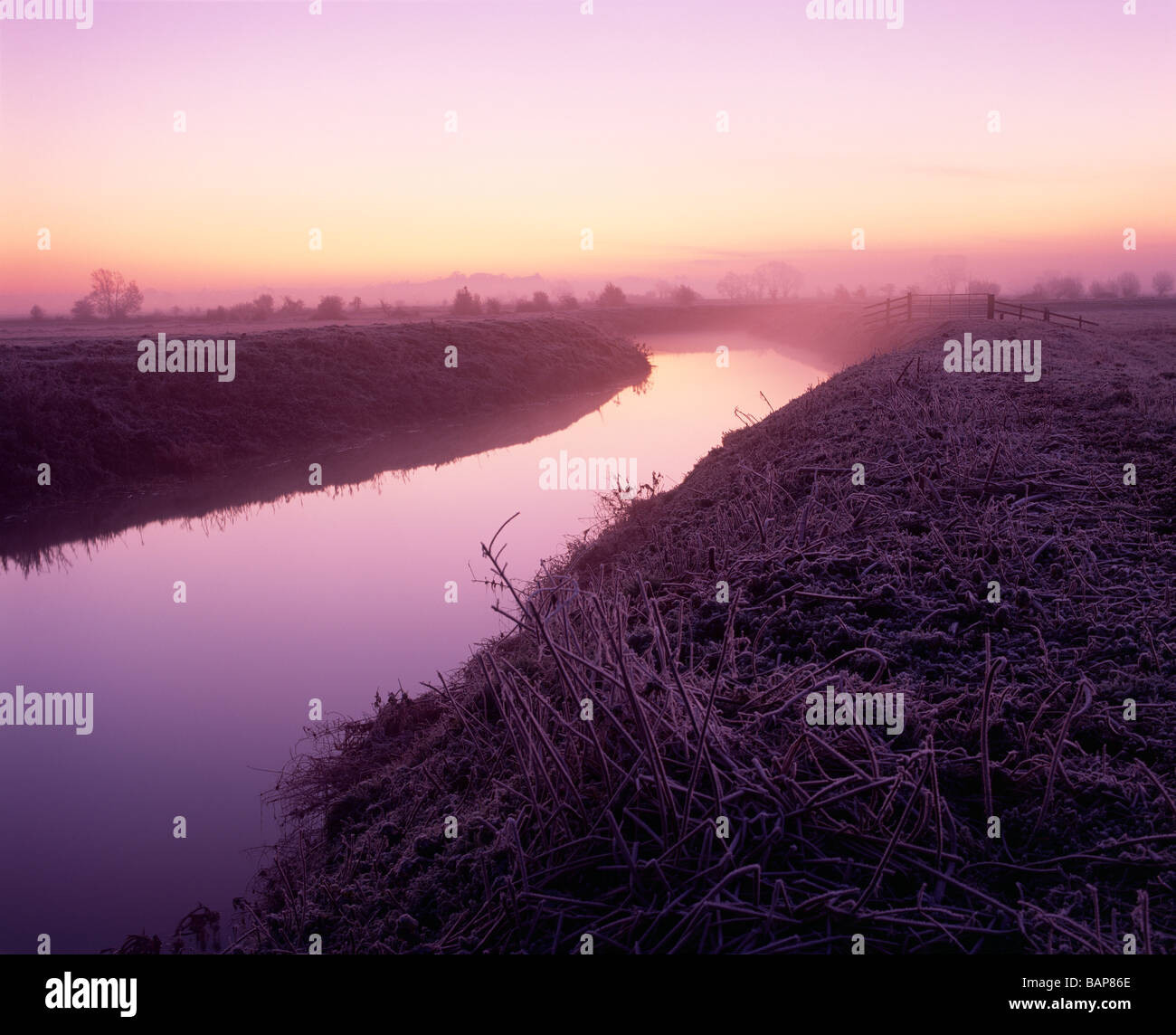 The River Brue at dawn on South Moor on the Somerset Levels at ...