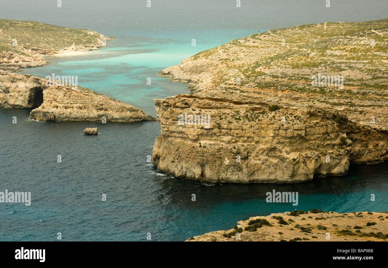View of the Blue Lagoon and surrounding coast on the Maltese island of ...