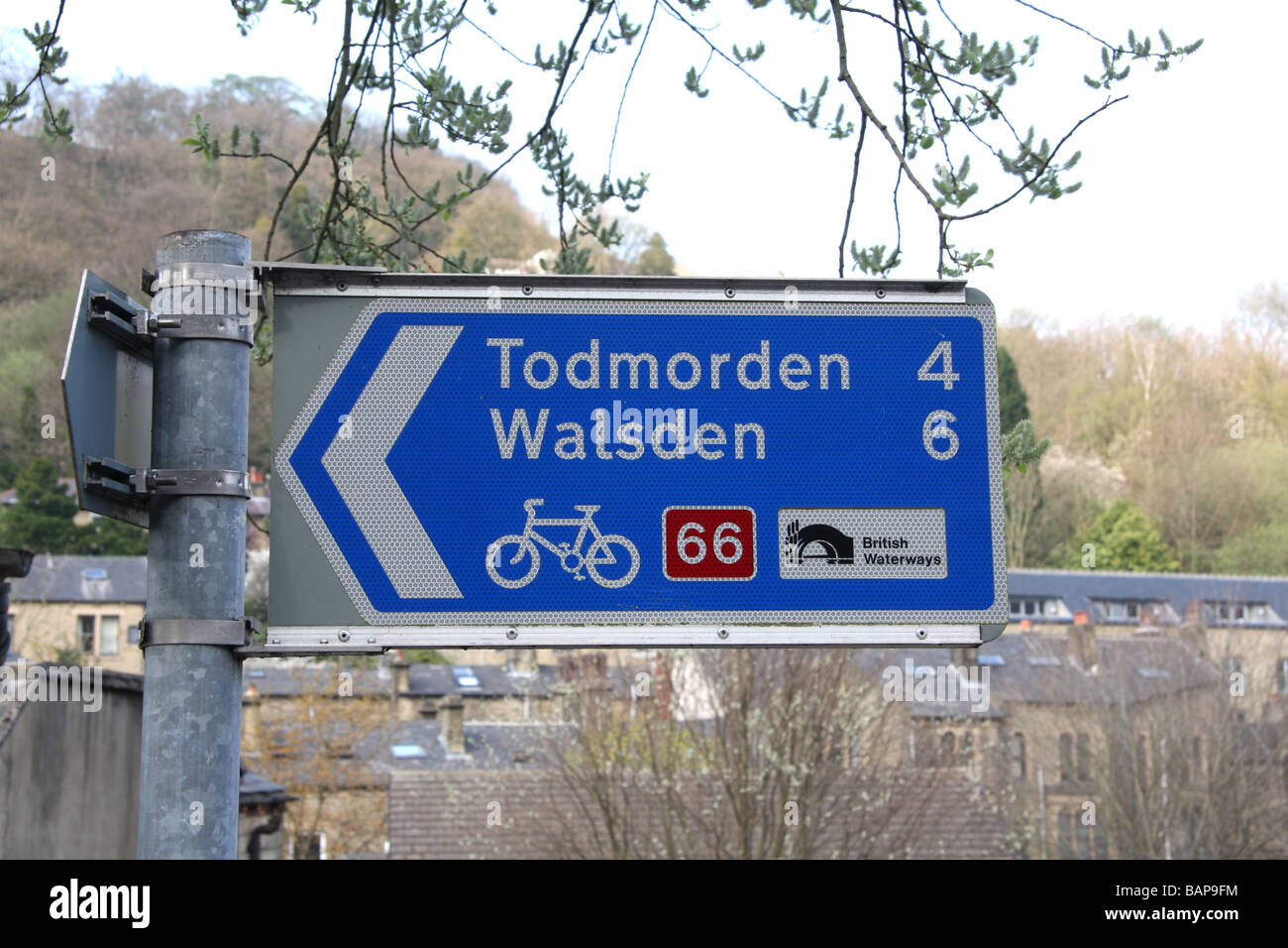 Cycle path sign in Hebden Bridge, Halifax, West Yorkshire Stock Photo ...