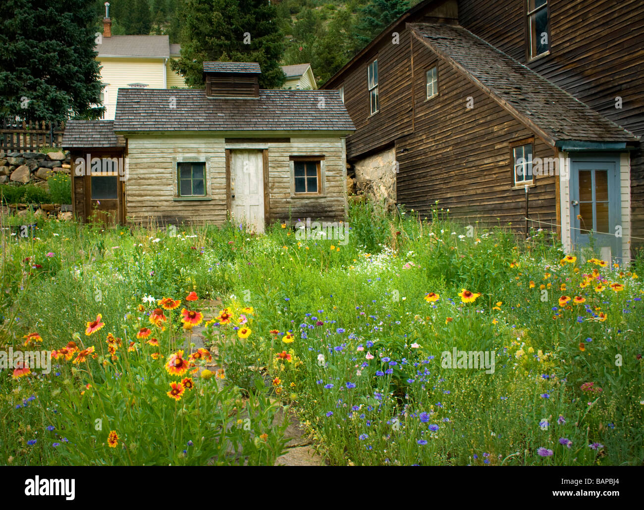 Classic spring and summer mountain historic mining town scene in ...