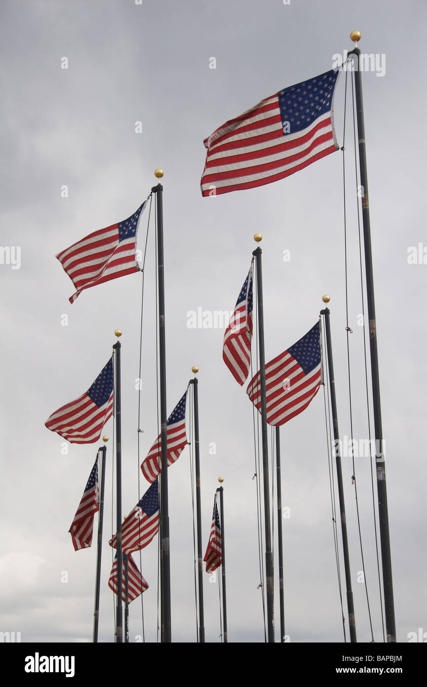 American Flags Blowing in Wind with cloudy dramatic sky Stock Photo - Alamy