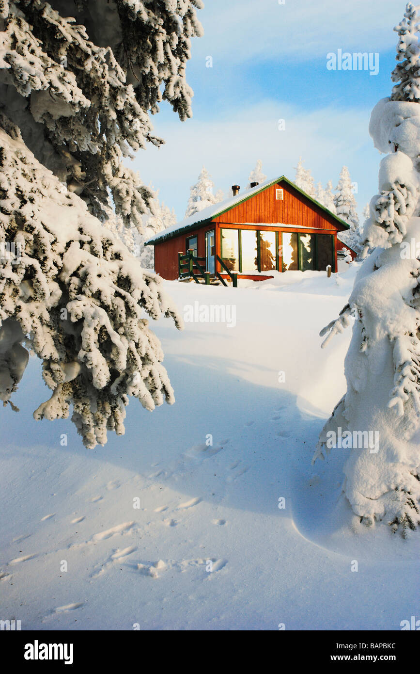 View of La Nictale shelter and snow-covered trees, Quebec, Canada Stock ...