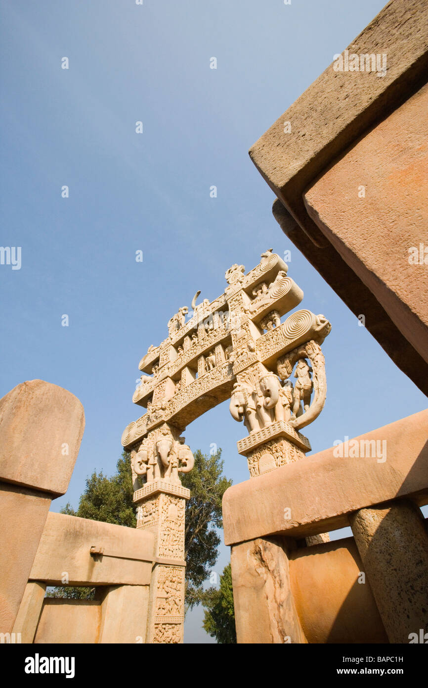 Low angle view of a gateway of a stupa, Great Stupa, Sanchi, Bhopal ...
