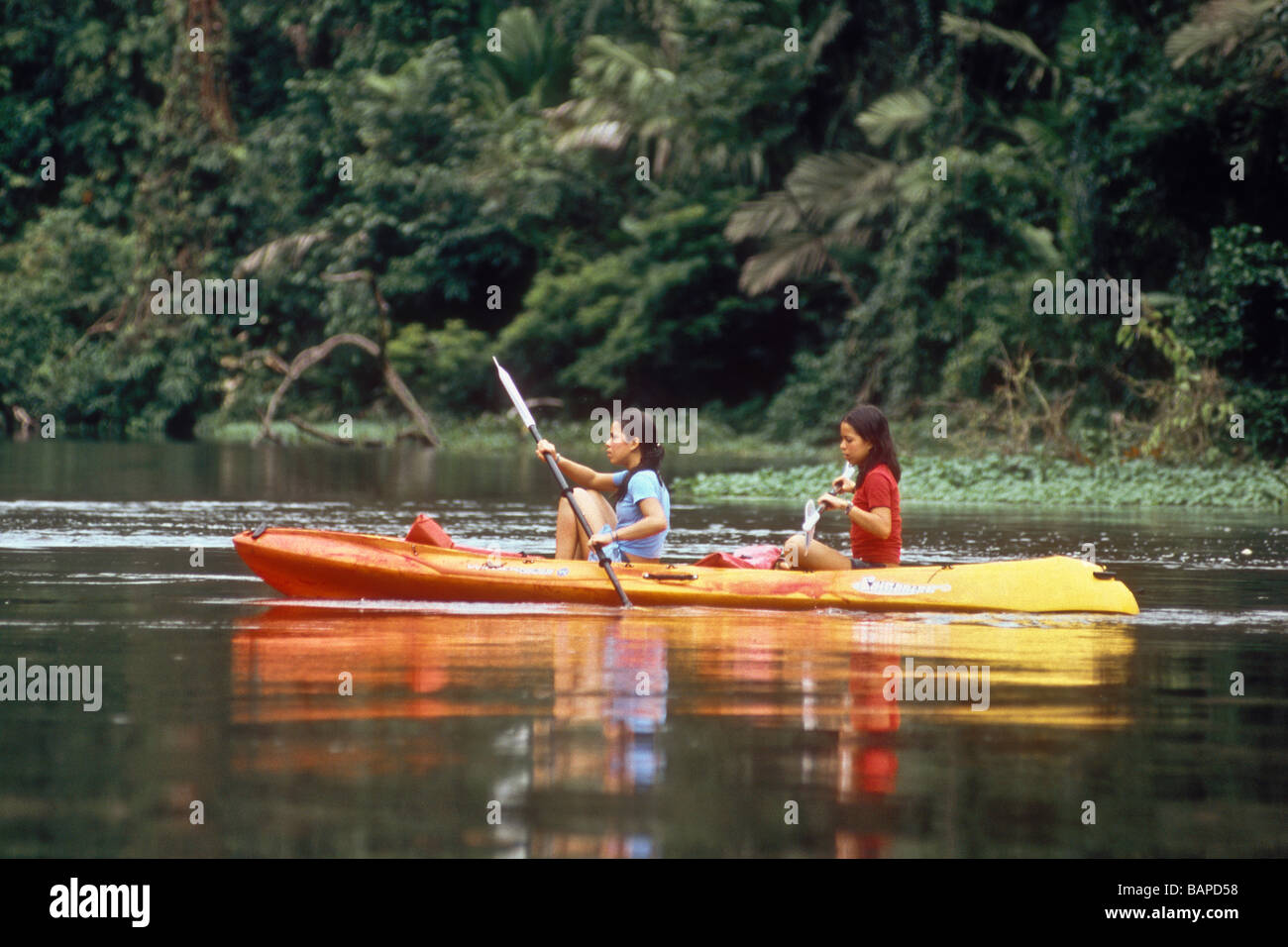 Girls paddling a kayak on river rainforest Costa Rica Stock Photo - Alamy