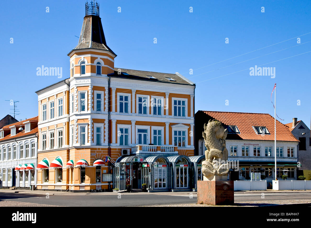 Sculpture of a whale fish (hvalfisken) at the harbour of Svendborg ...