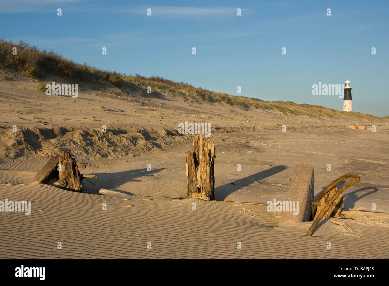 A view of the old lighthouse which stands on Spurn Point, a nature ...
