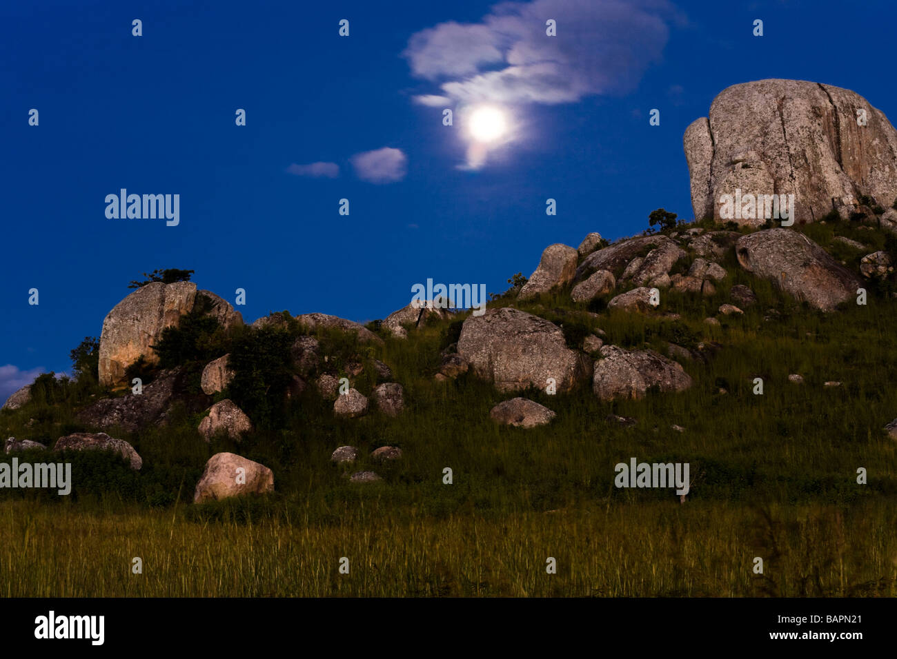 Moonrise over rock formations below Dedza Mountain - Dedza, Malawi ...