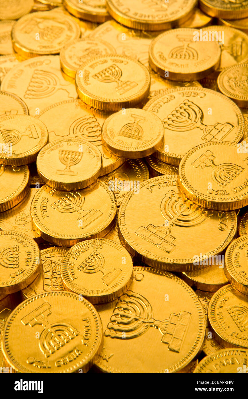 Gold covered chocolate Jewish candy coins Stock Photo - Alamy