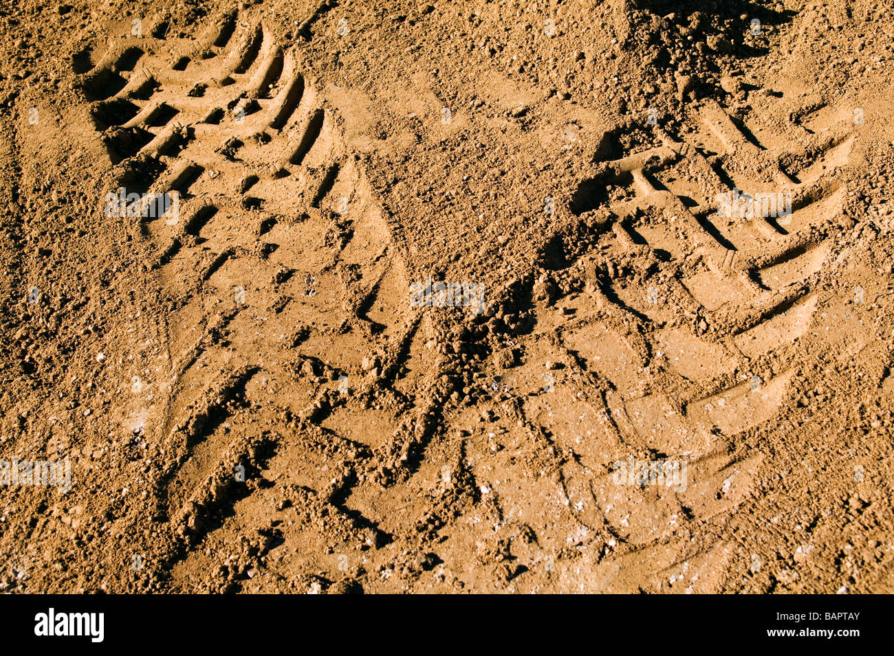 Tire track in the dirt from a front end loader excavating basements for ...