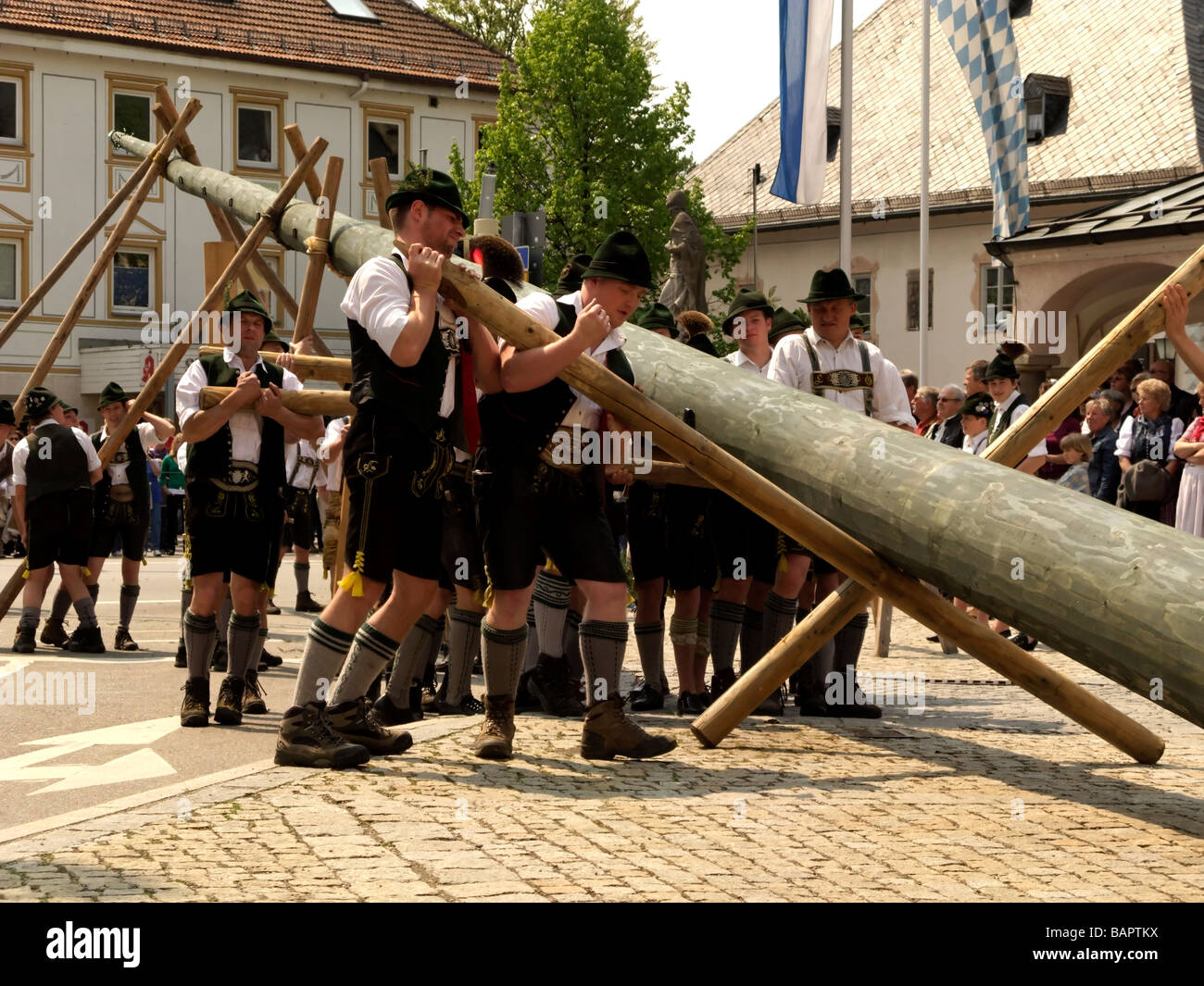 Bavarians in Traditional Dress Raising the Maypole Prien Bavaria ...