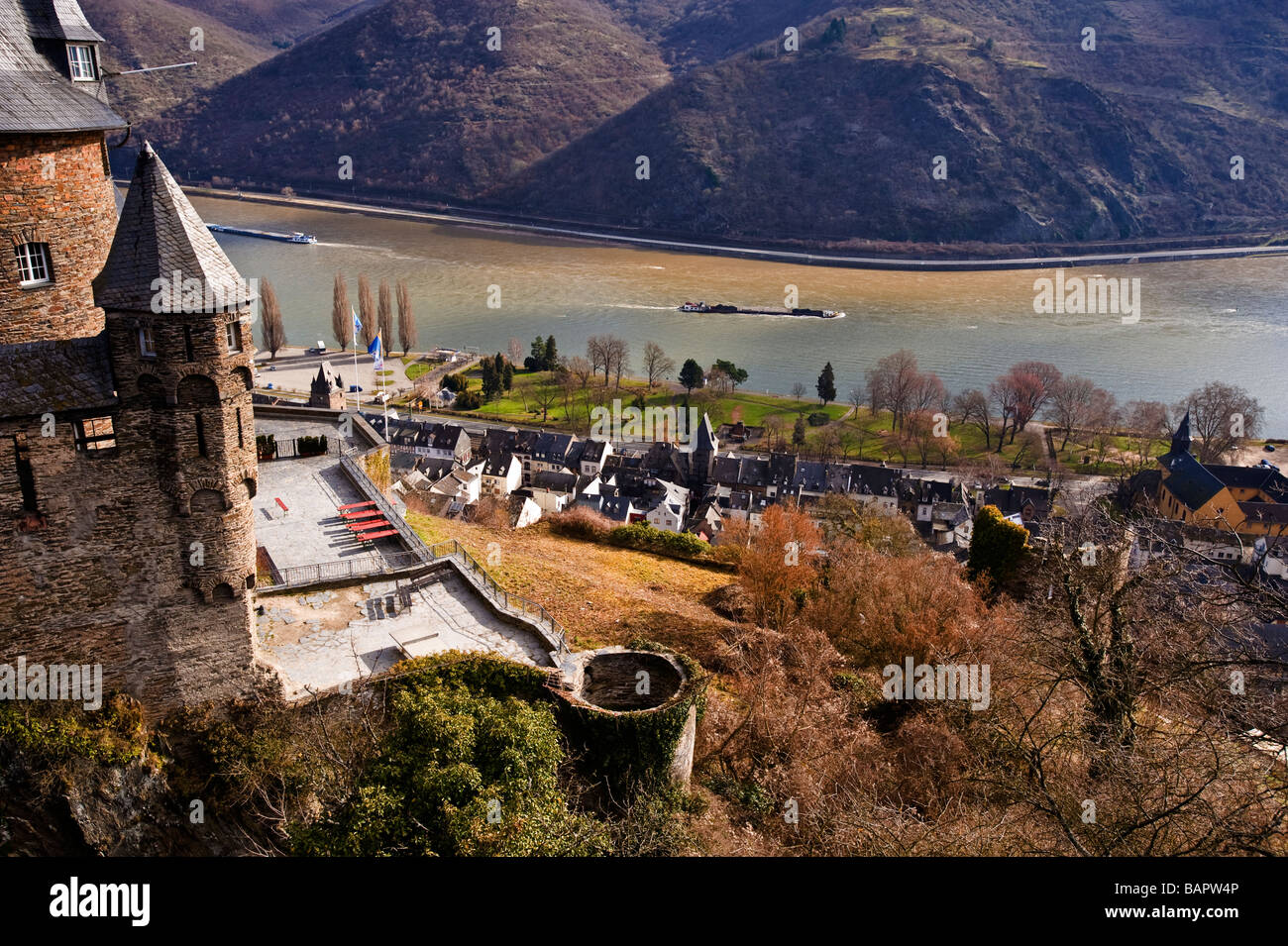 Bacharach and Rheinbollen from hillside above town Stock Photo - Alamy