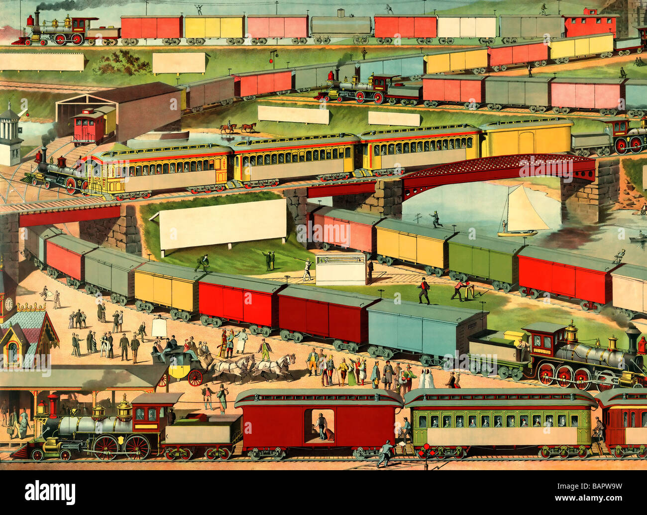 Zig-zag passenger and freight train scene circa 1885 Stock Photo - Alamy