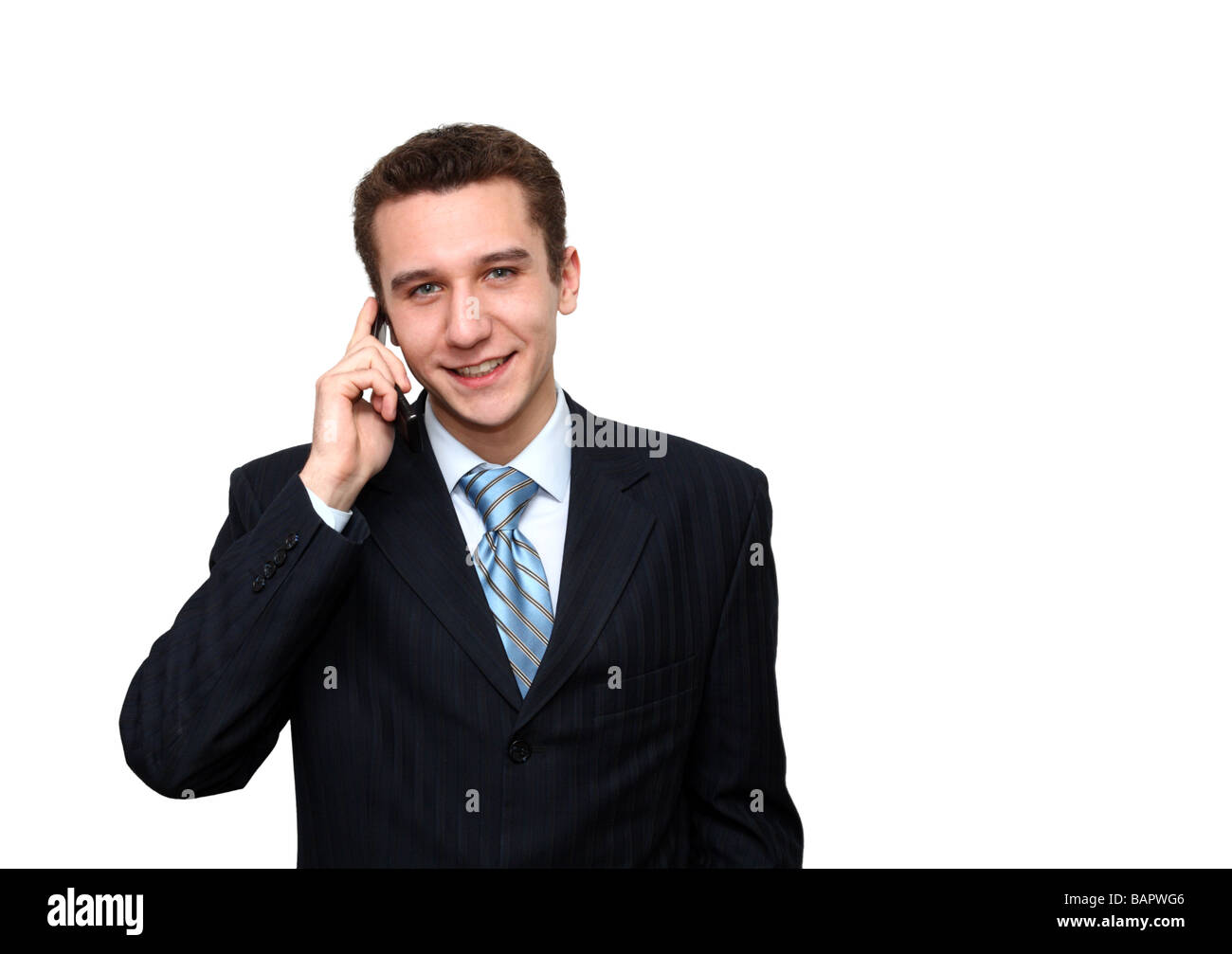 smiling man calling by phone isolated on white Stock Photo - Alamy
