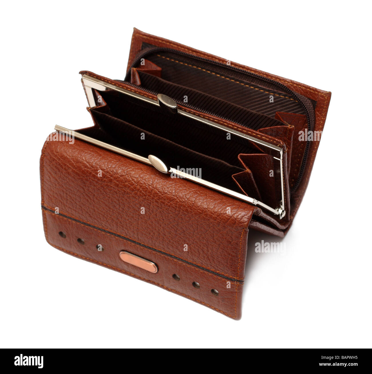 open empty brown purse isolated on white Stock Photo - Alamy