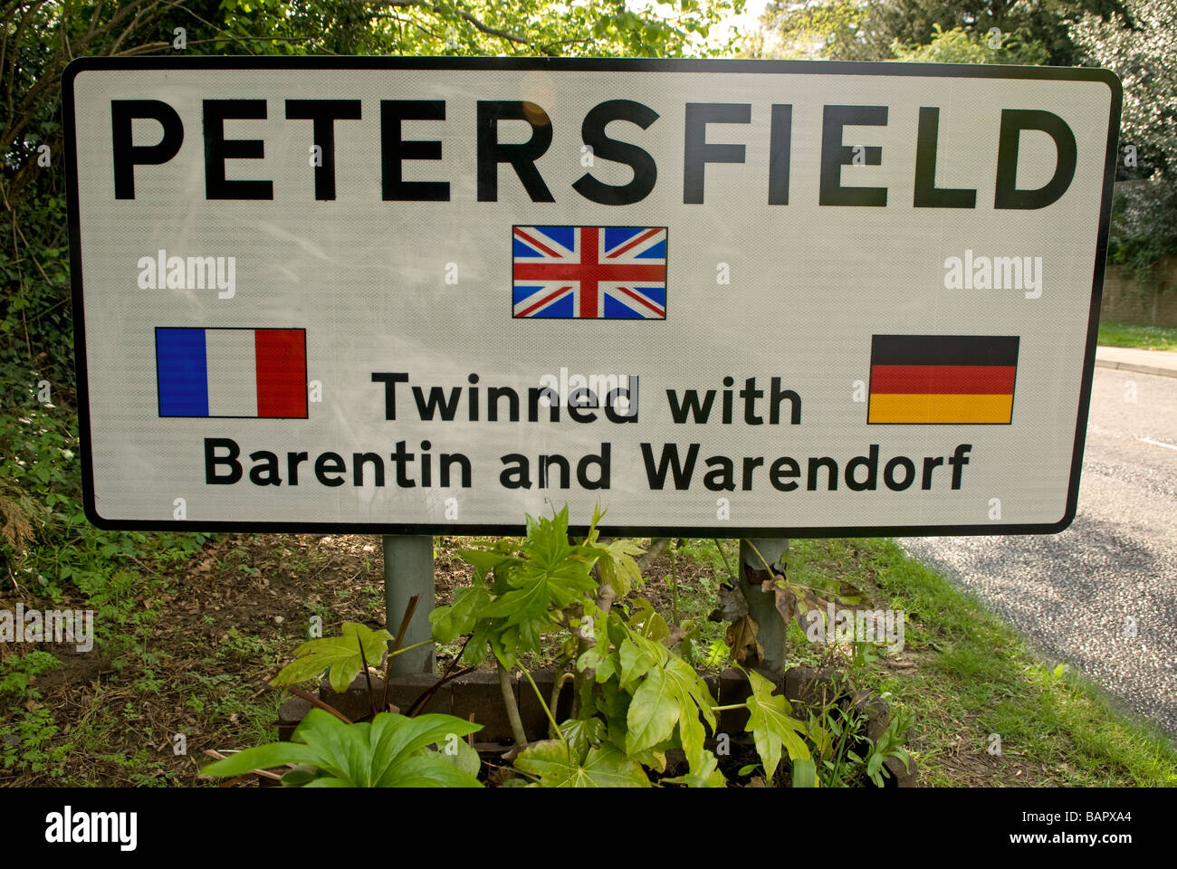 Sign for market town of Petersfield showing its twin status, Hampshire ...