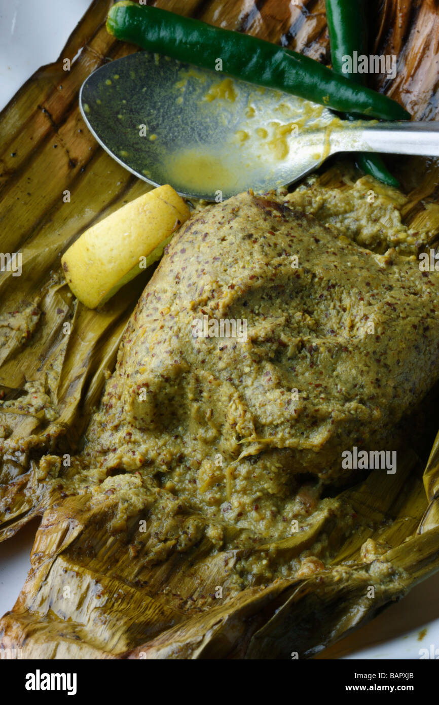 Bhetki paturi meaning fish seasoned with spices wrapped in banana ...