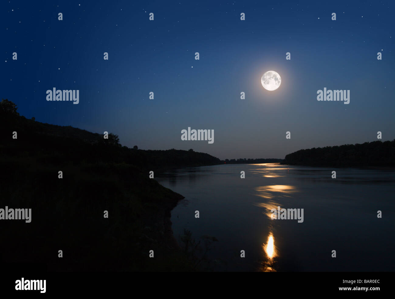 night landscape with moon and moonbeam in river Stock Photo - Alamy