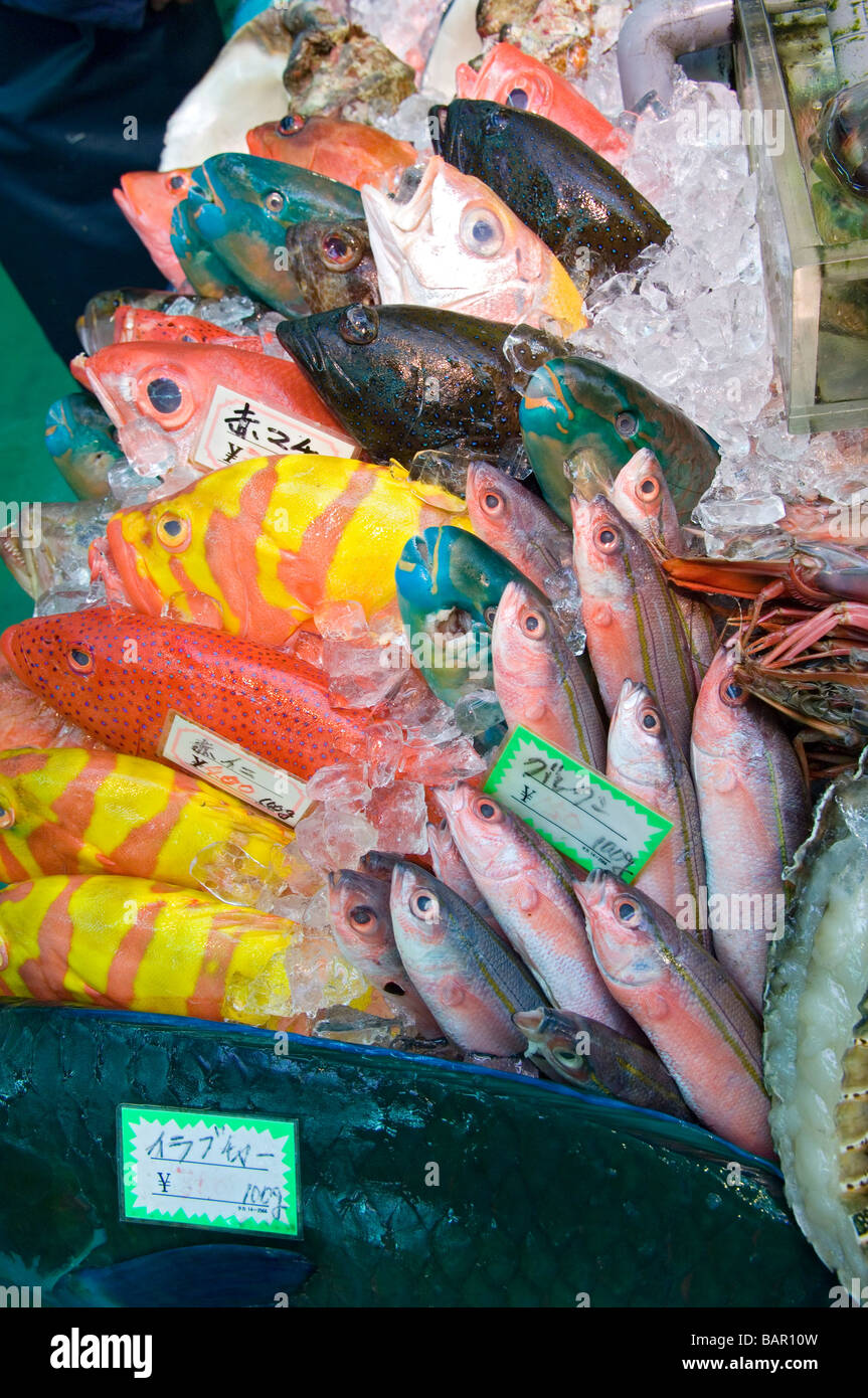 Fresh Fish and Seafood on display. Makishi Public Market, Okinawa, Naha ...