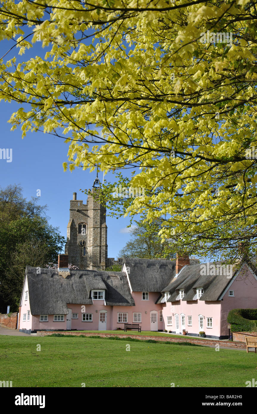 The Pink Cottages and St.Mary's Church from Village Green, Cavendish ...