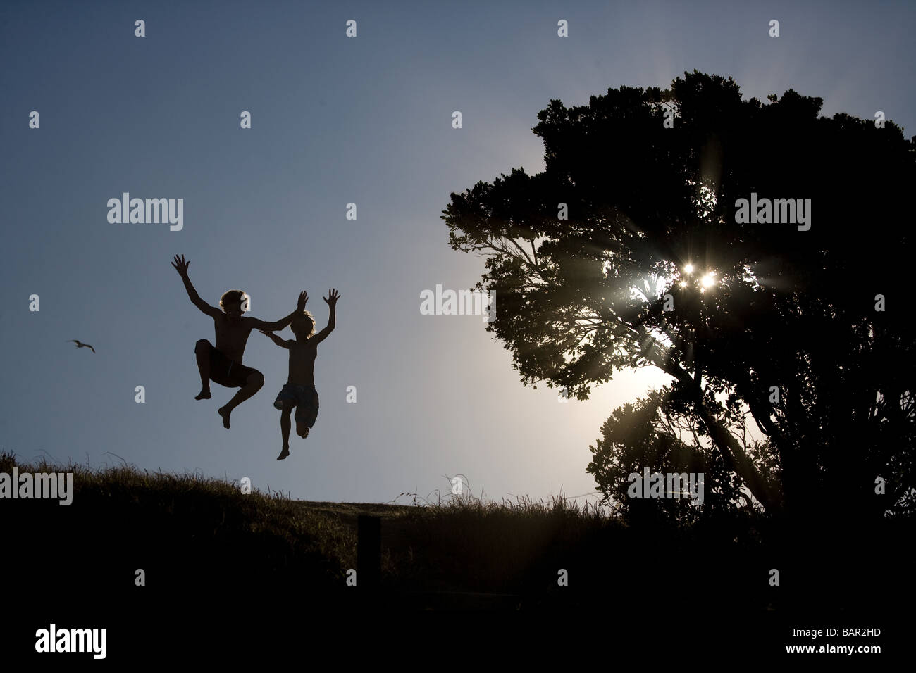 Two boys leaping in the air Stock Photo - Alamy