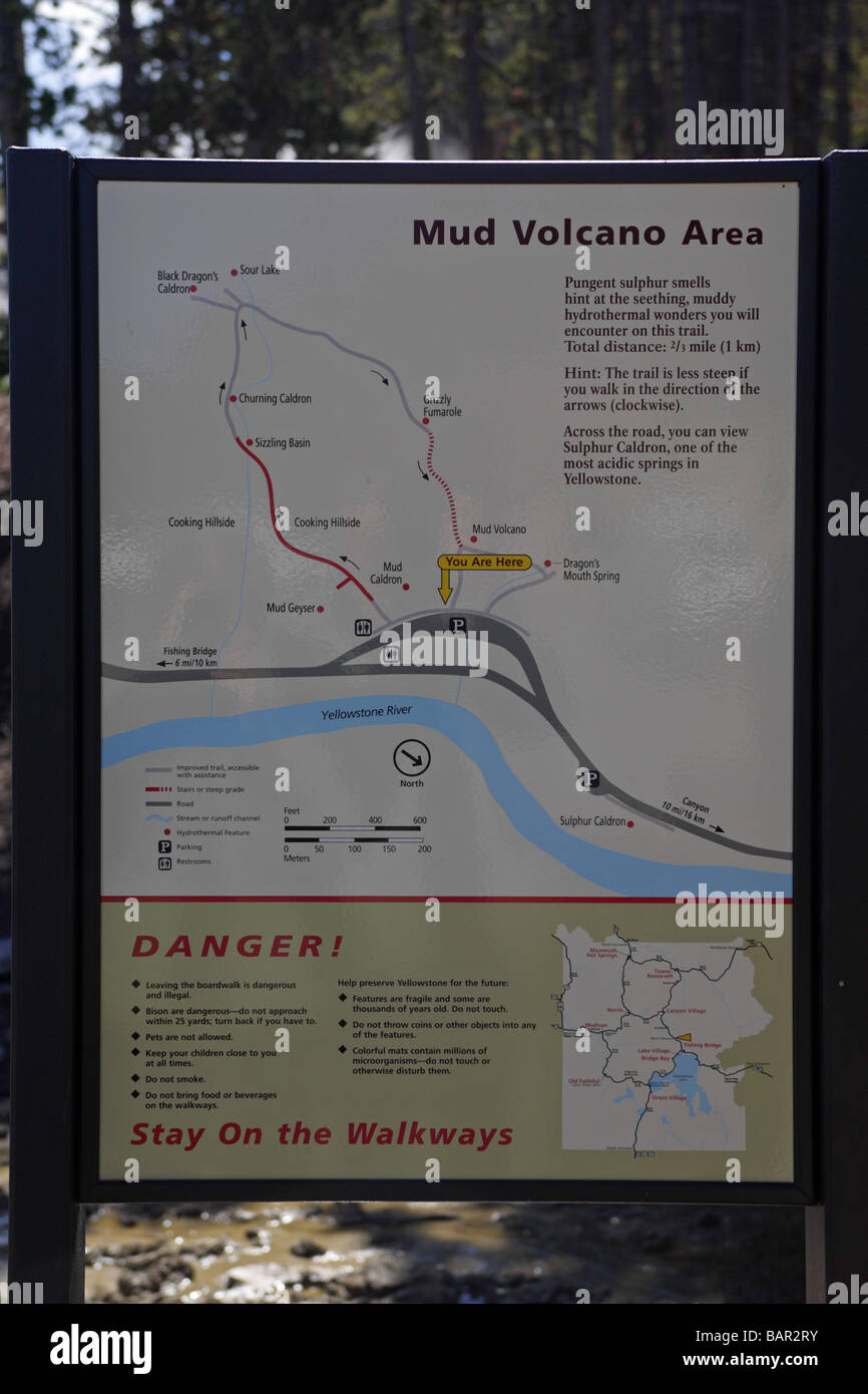 Sign Mud Volcano area with information for tourists in Yellowstone ...
