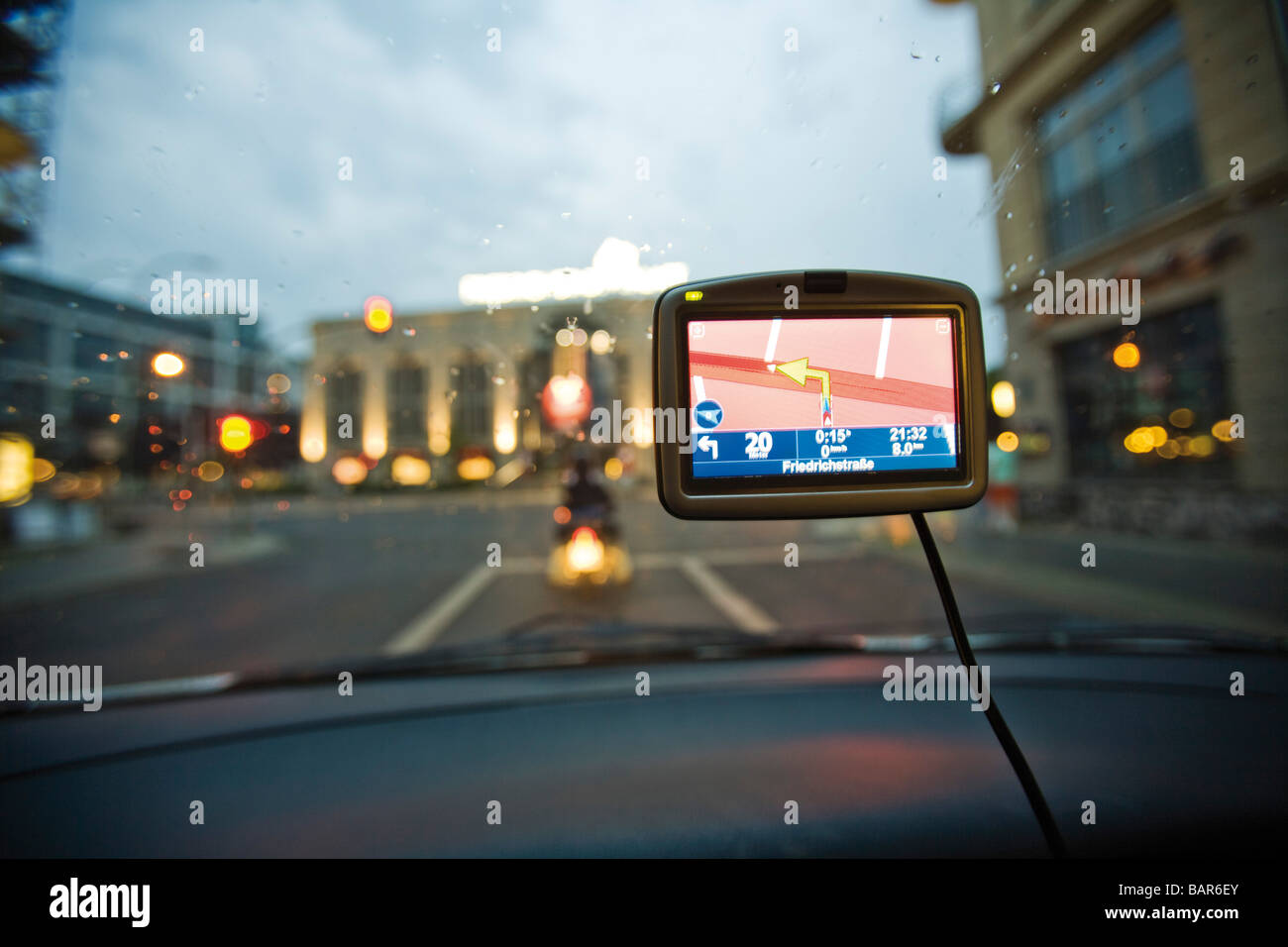 Germany, Berlin, Navigation system in car, Traffic seen through ...