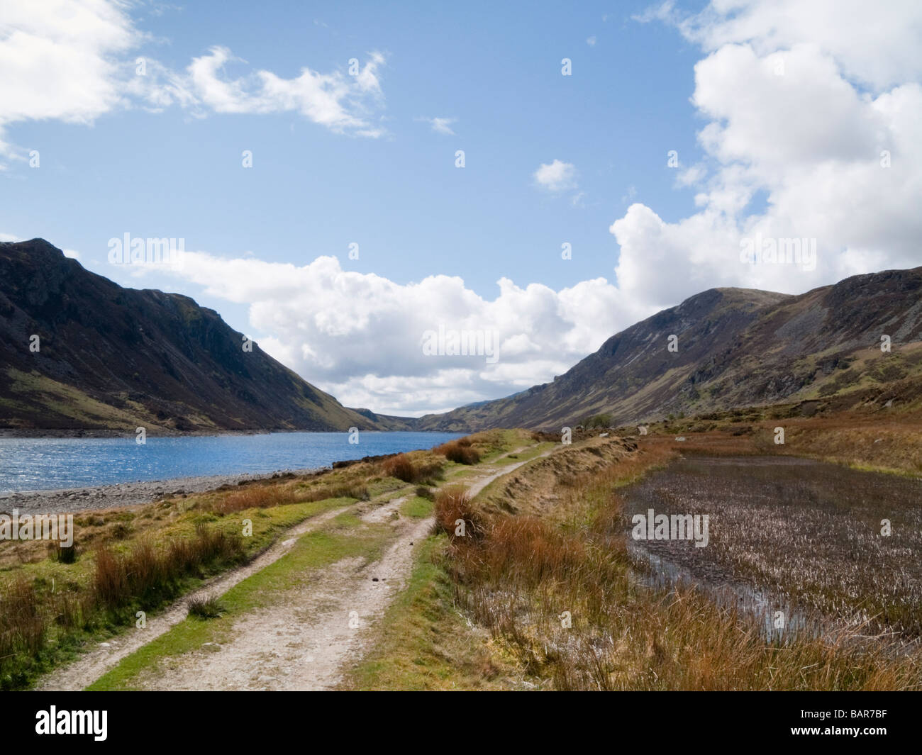 Capel Curig Conwy North Wales UK Track and boggy upland pool beside ...
