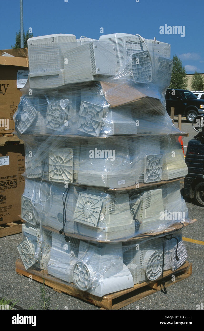 Pallet of computer monitors being recycled at a hazardous waste ...
