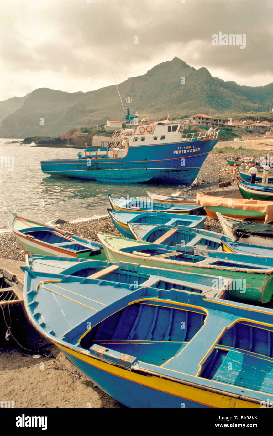 Canoa class inshore fishing boats and a tuna boat beyond at Canical ...