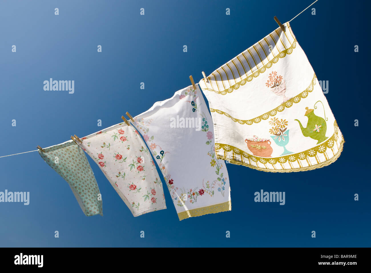 Environmentally friendly: Colorful washing, drying in the wind under a ...