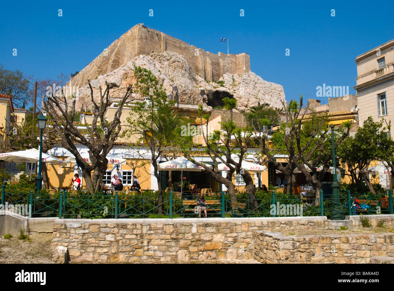 Restaurant terrace underneath Acropolis in Athens Greece Europe Stock ...