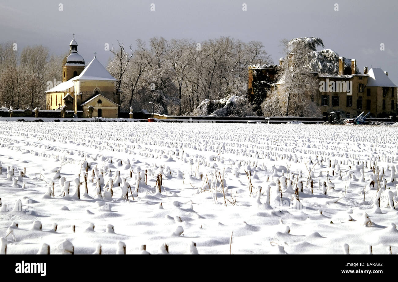 France.Church & ruined Chateau in the snow.Village of Labatut-Riviere ...
