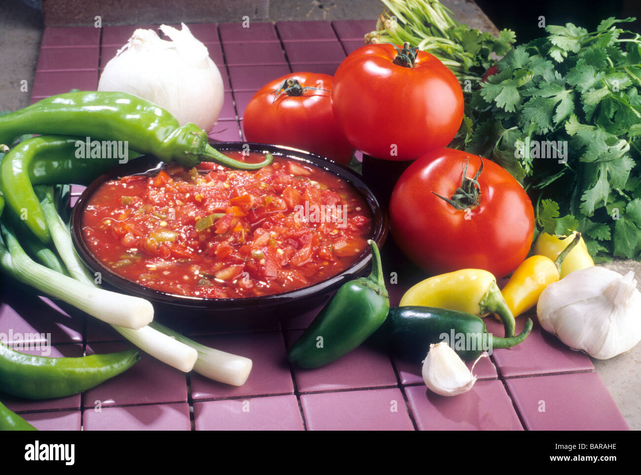 Salsa tomato pepper onion cilantro herb food Mexican latin dish dip ...