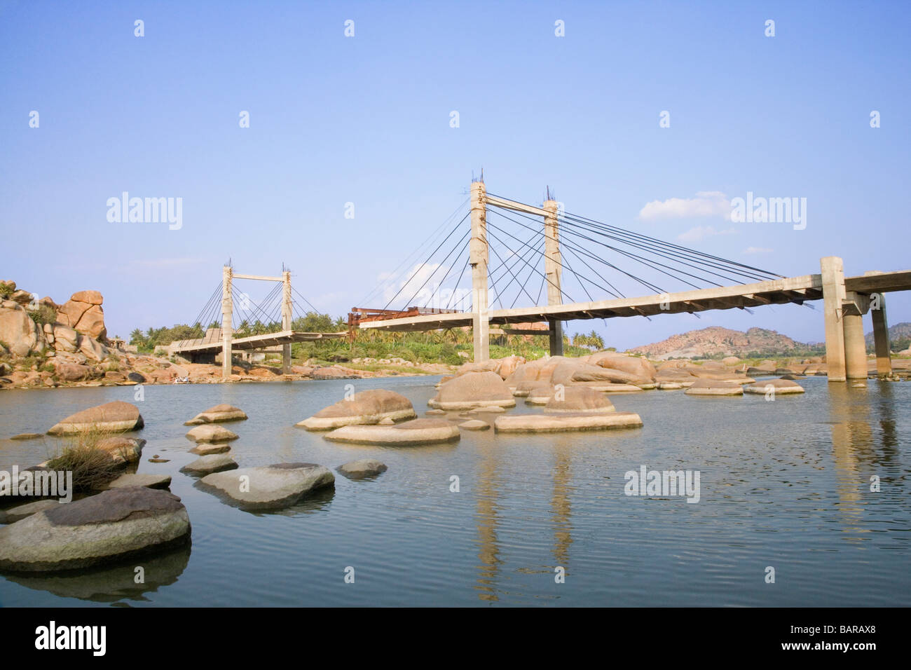 Suspension bridge across a river, Tungabhadra River, Hampi, Karnataka ...