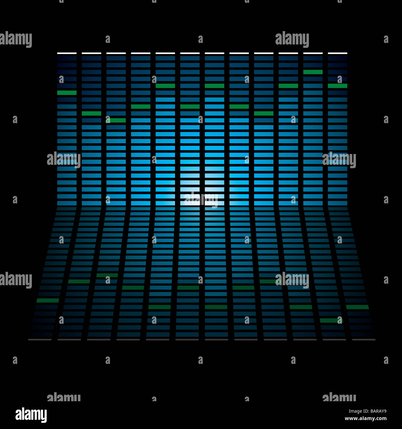 Musical graph with glowing lights and reflection in black background ...