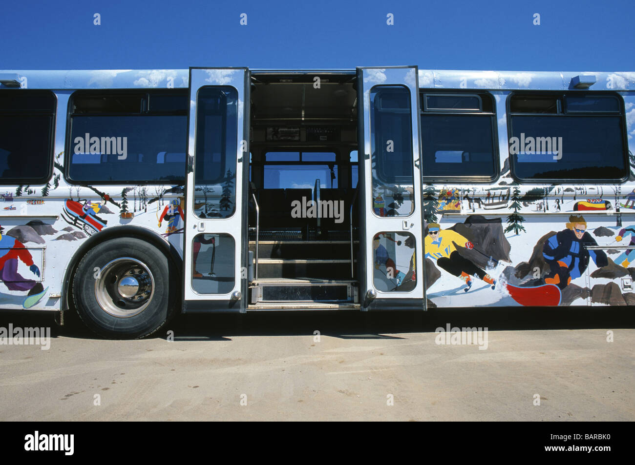 Transit bus painted with images of snow sports in Steamboat Springs ...