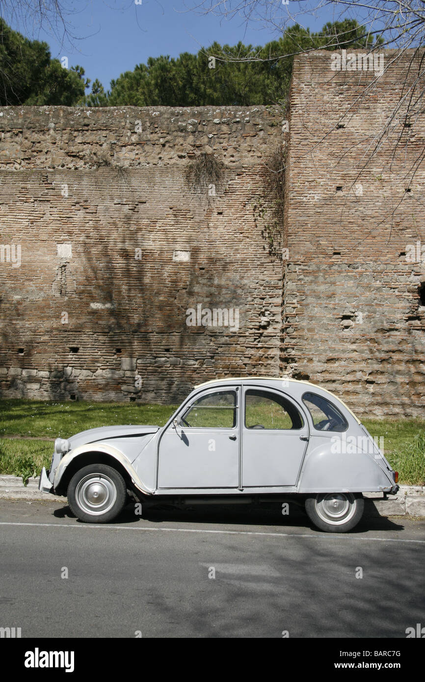 one citroen 2cv car by ancient roman aurelian defence wall in the ...