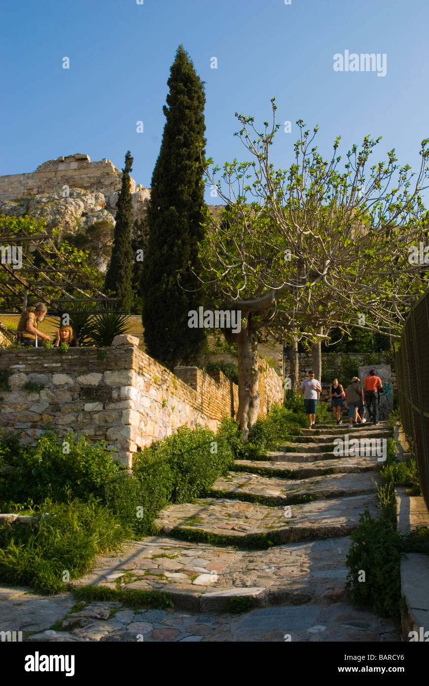 Path with Acropolis in the background in Athens Greece Europe Stock ...
