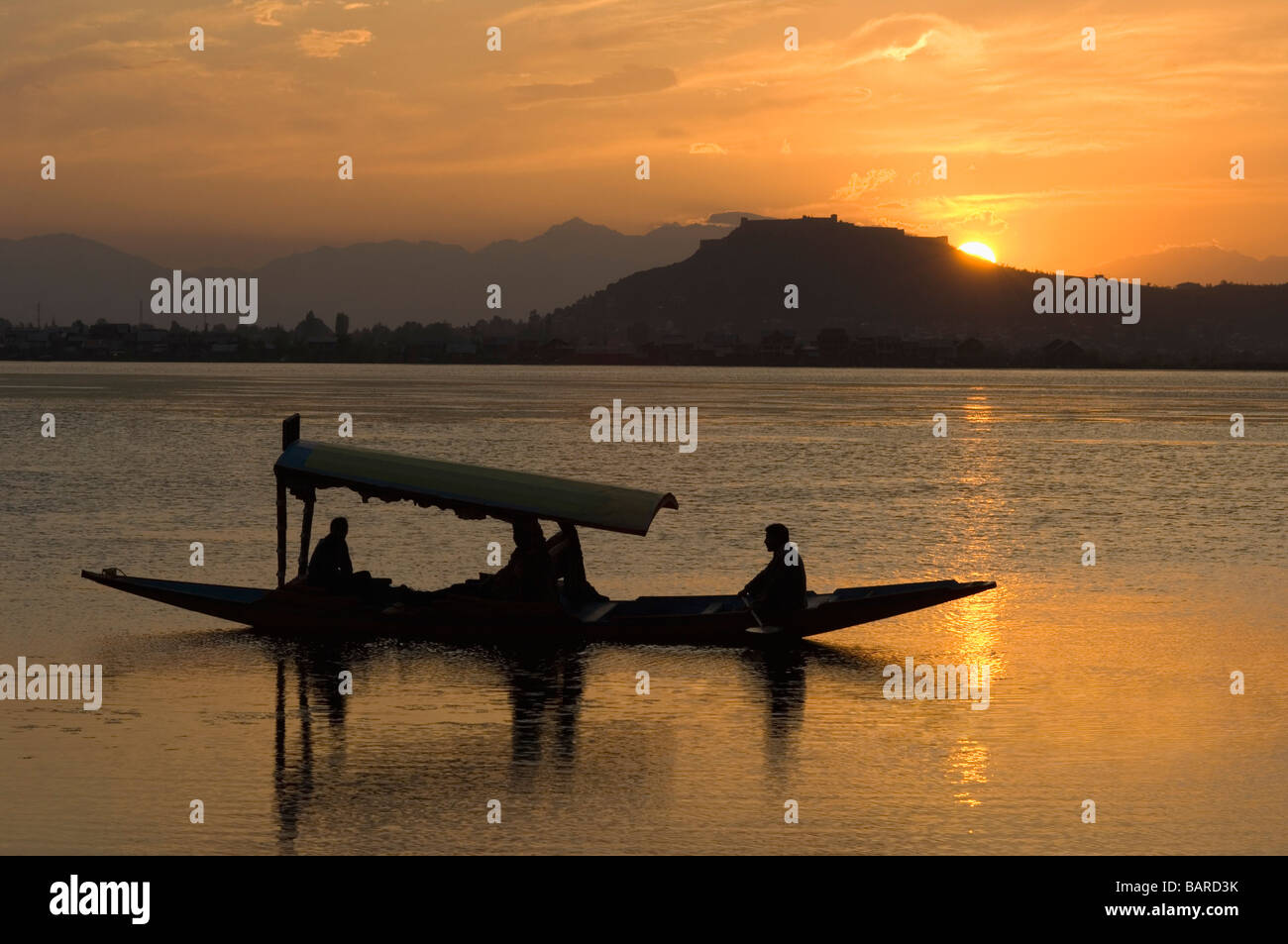 Shikara in a lake at sunset, Dal Lake, Srinagar, Jammu And Kashmir ...
