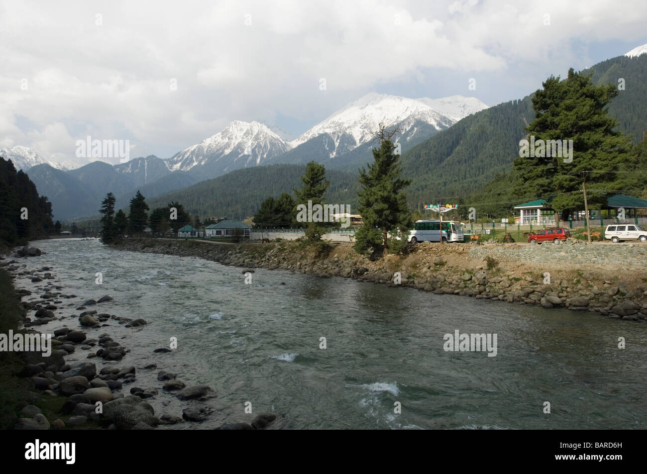 High angle view of a river with a mountain in the background, Pahalgam ...