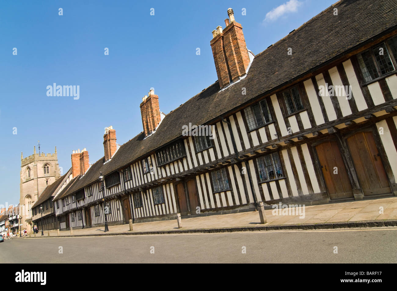 Horizontal wide angle of the old Tudor Almshouses and Guild Chapel on ...