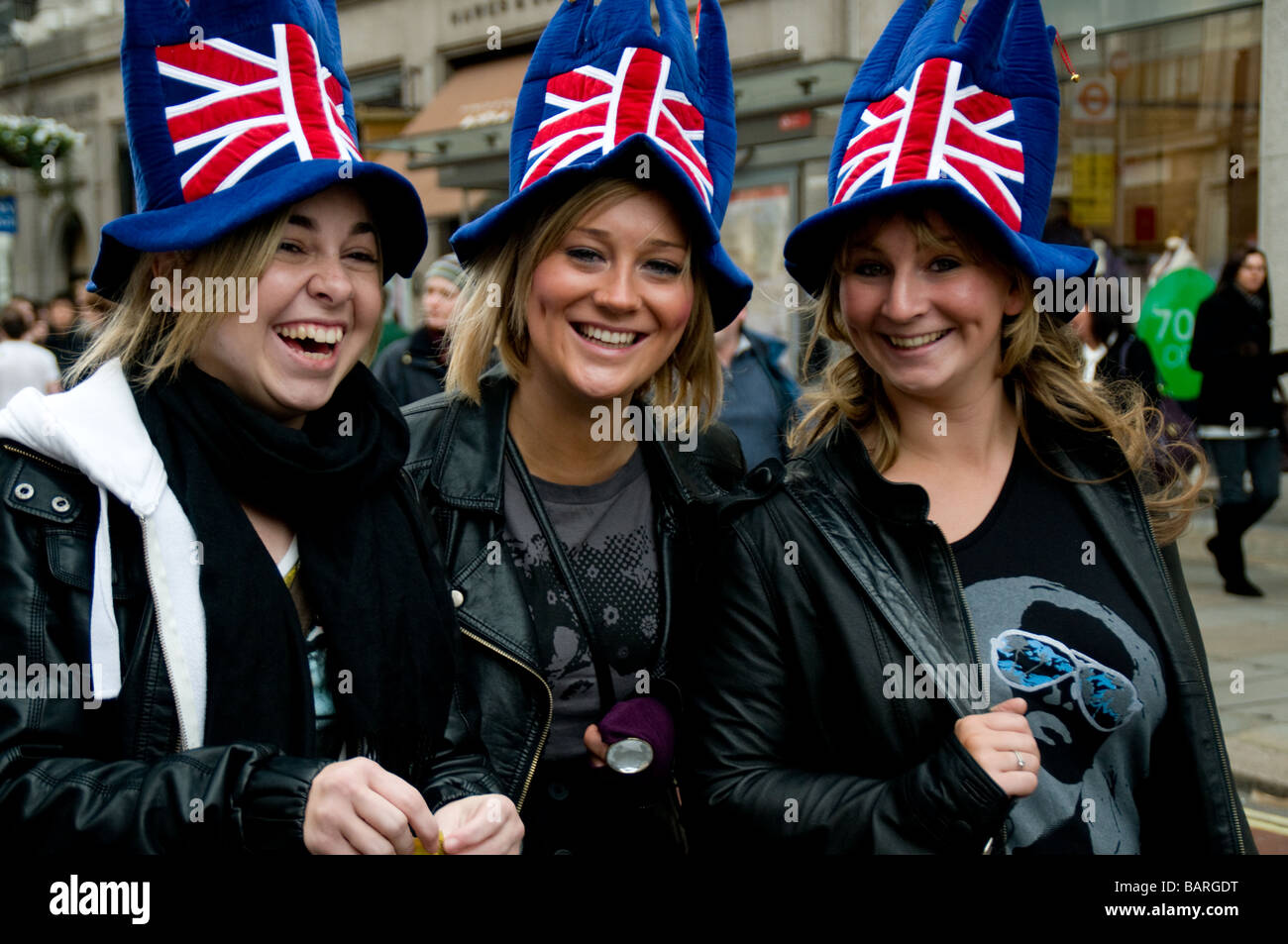 British girls with union jack hats Stock Photo - Alamy